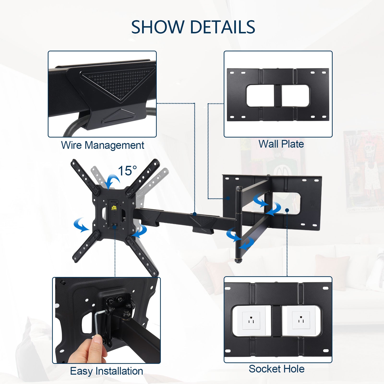 Long Arm TV Wall Mount,Full Motion TV Monitor Arm Mount Bracket with 4 ...
